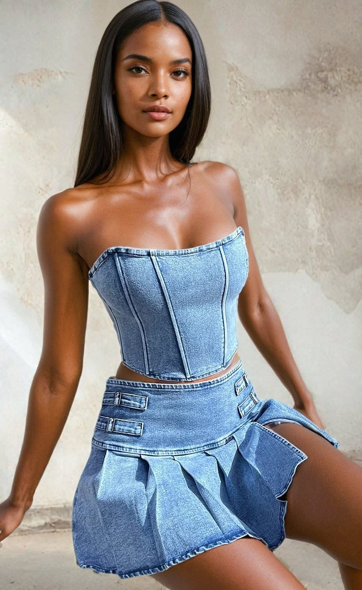 Denim Tube and Pleated Skirt Set | Mabel Love Co